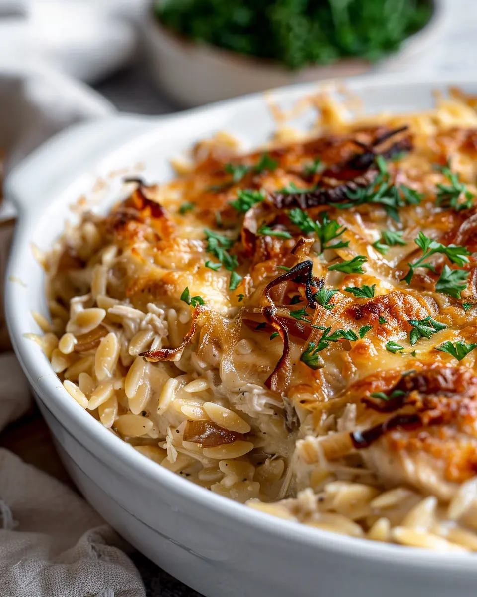 French Onion Chicken Orzo Casserole